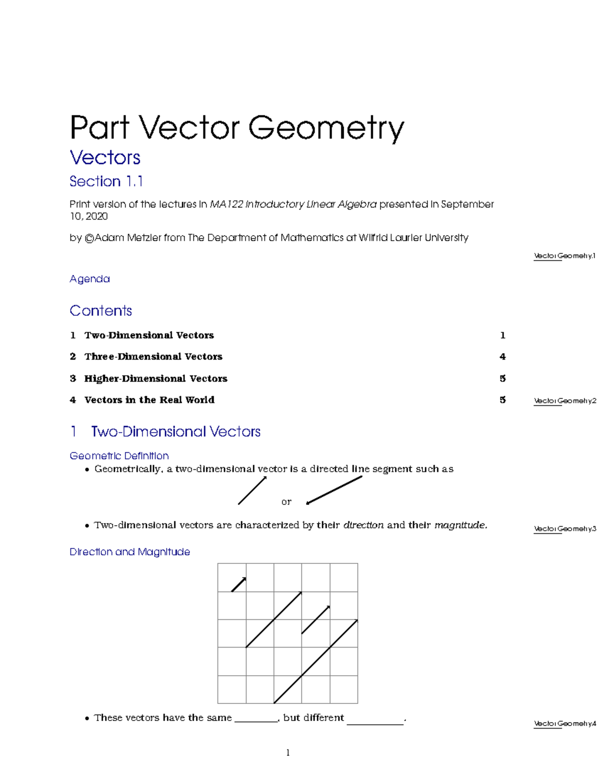 MA122 Vectors Notes - Part Vector Geometry Vectors Section 1. Print ...