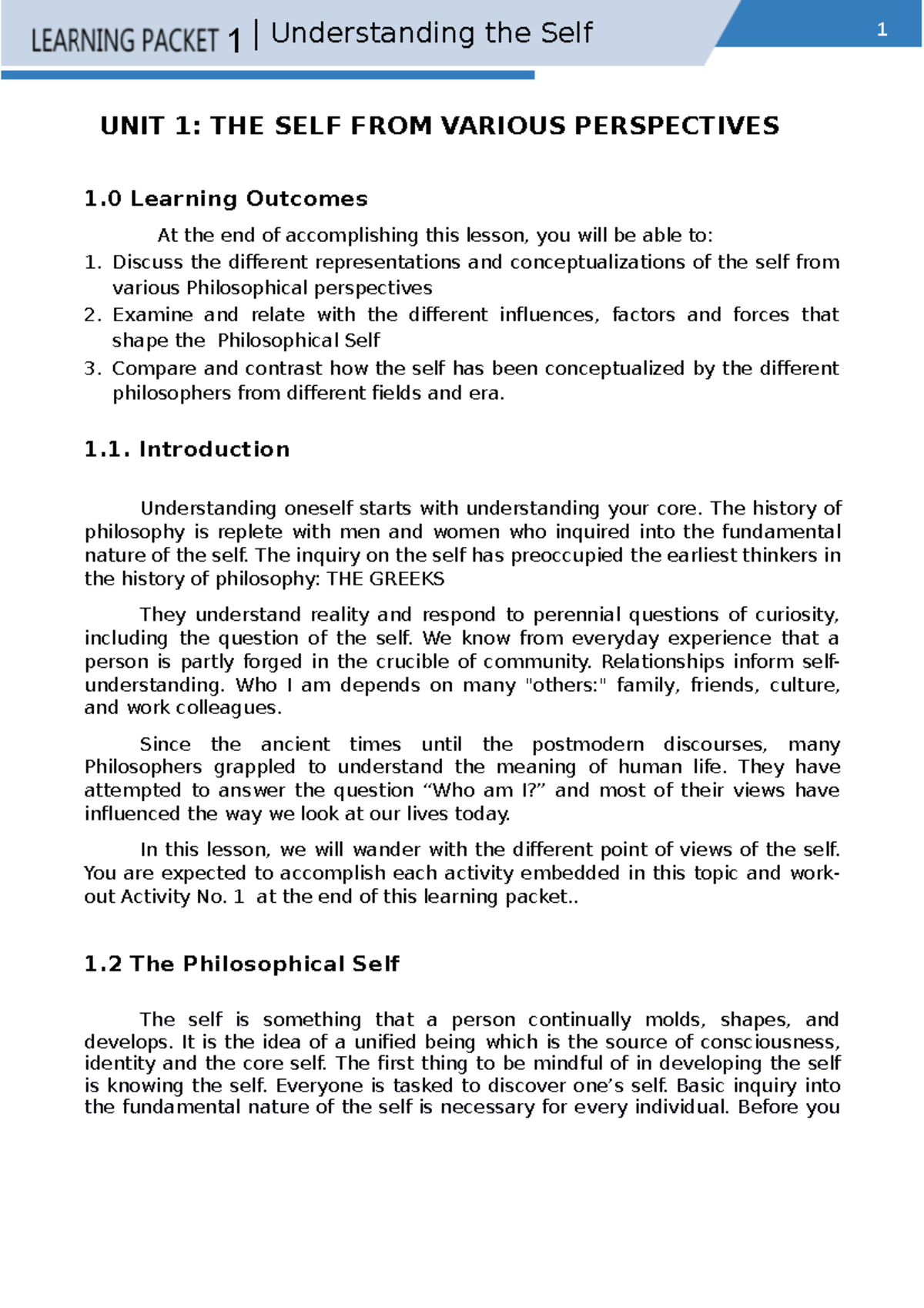 LP 1 in UTS 1 - dddddavdaaaaavad - UNIT 1: THE SELF FROM VARIOUS ...