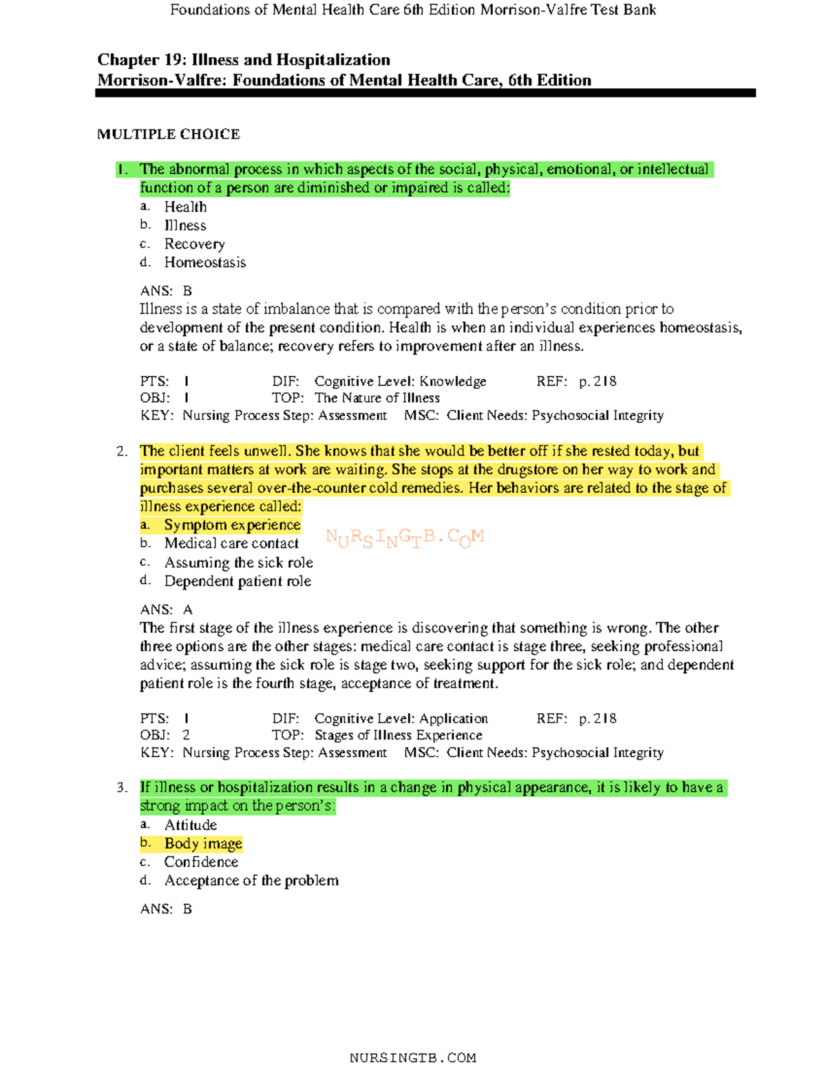 19 - good guide - NURSINGTB Chapter 19: Illness and Hospitalization ...
