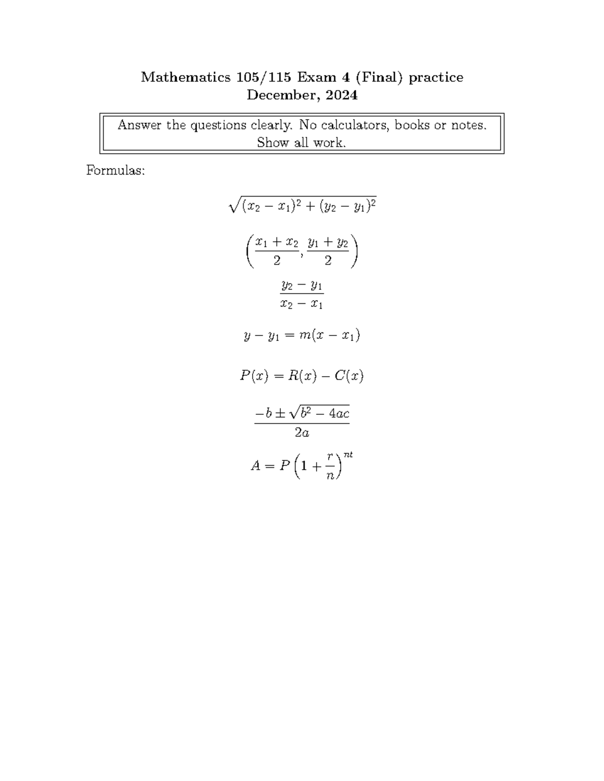 Final Exam Practice - Mathematics 105/115 Exam 4 (Final) practice ...