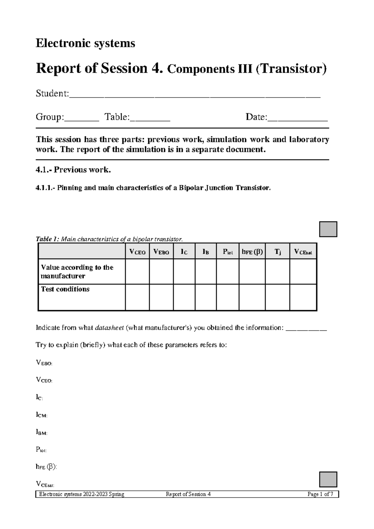 Lab 4 STI - Components III (Transistor) - report sheets - Electronic ...