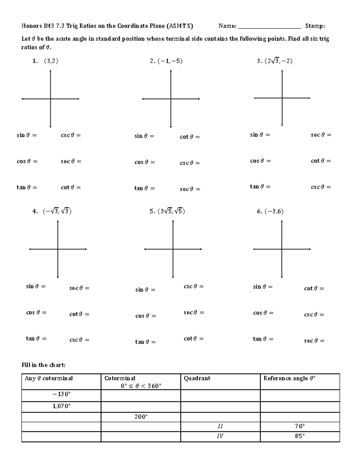 7.3 (S) Trig ratios on coordinate plane - Honors IM3 7 Trig Ratios on ...