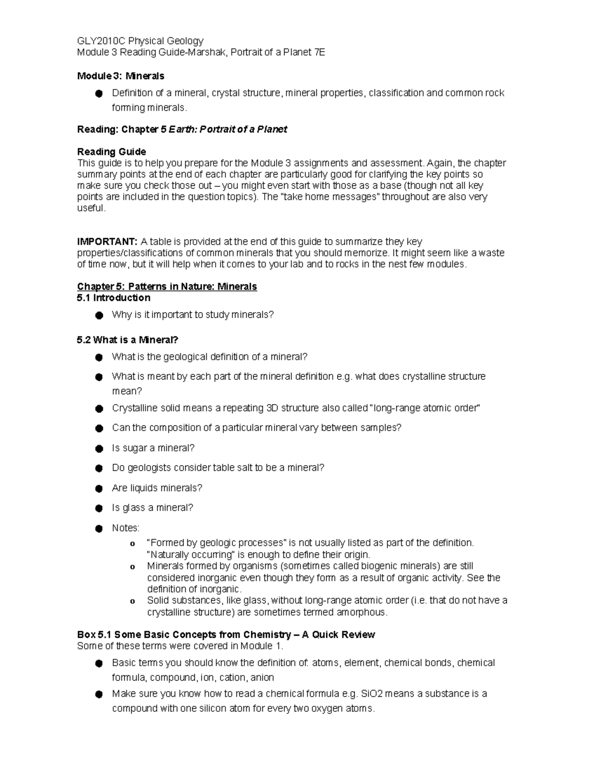 GLY2010 C-Module 3-Reading Guide Marshak 7E - Module 3 Reading Guide ...