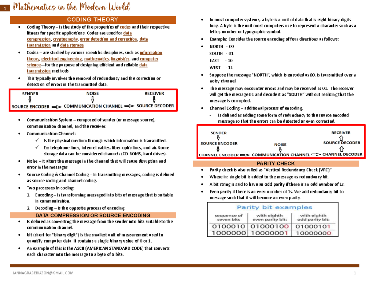 MATM - MATM - JANNAGRACEBIAZON@GMAIL 1 1 CODING THEORY Coding Theory – is the study of the - Studocu