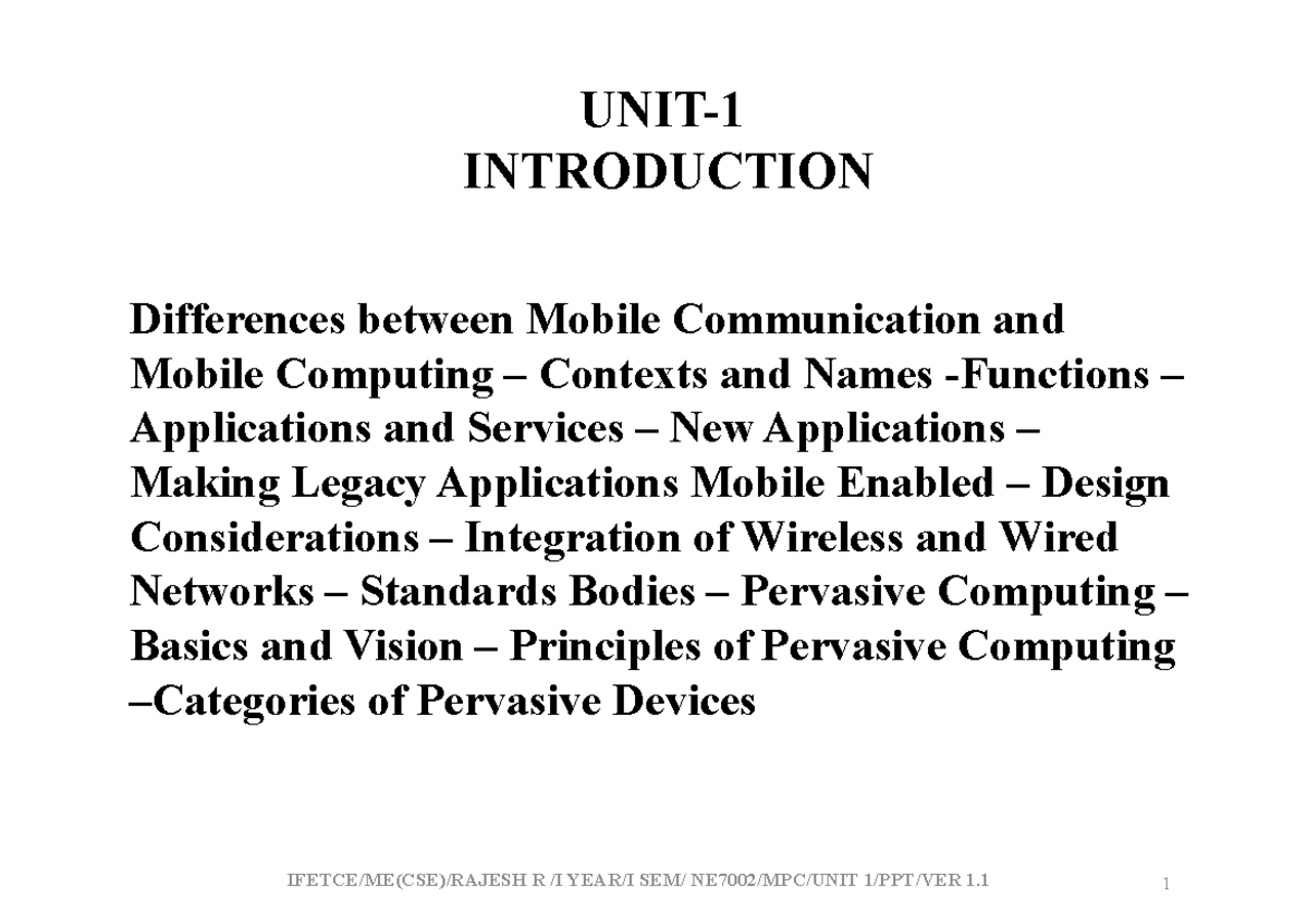 UNIT 1 PPT - Compatibility Mode - UNIT- 1 INTRODUCTION Differences between Mobile Communication ...