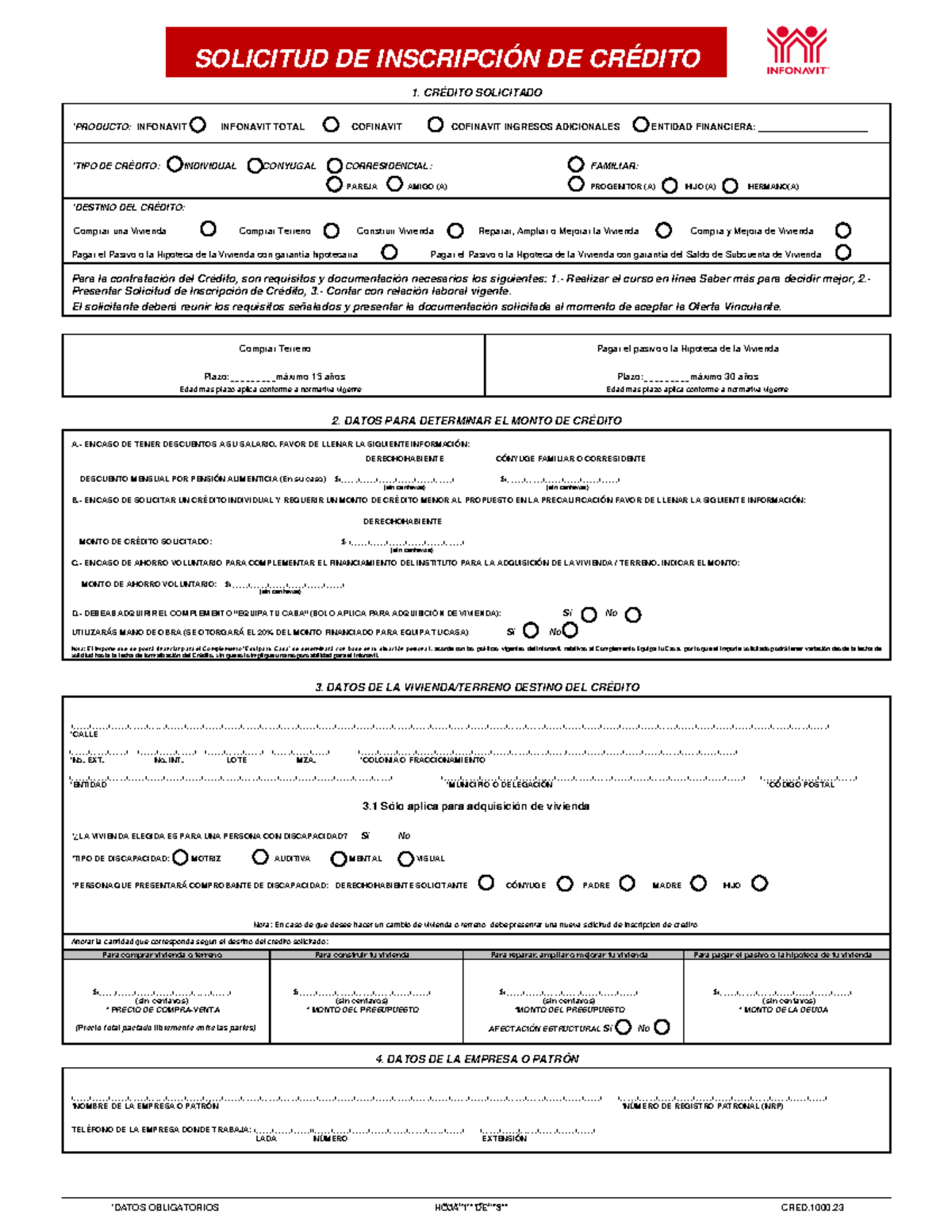 Solicitud INFONAVIT - *DATOS OBLIGATORIOS HOJA 1 DE 3 CRED. 23 ...