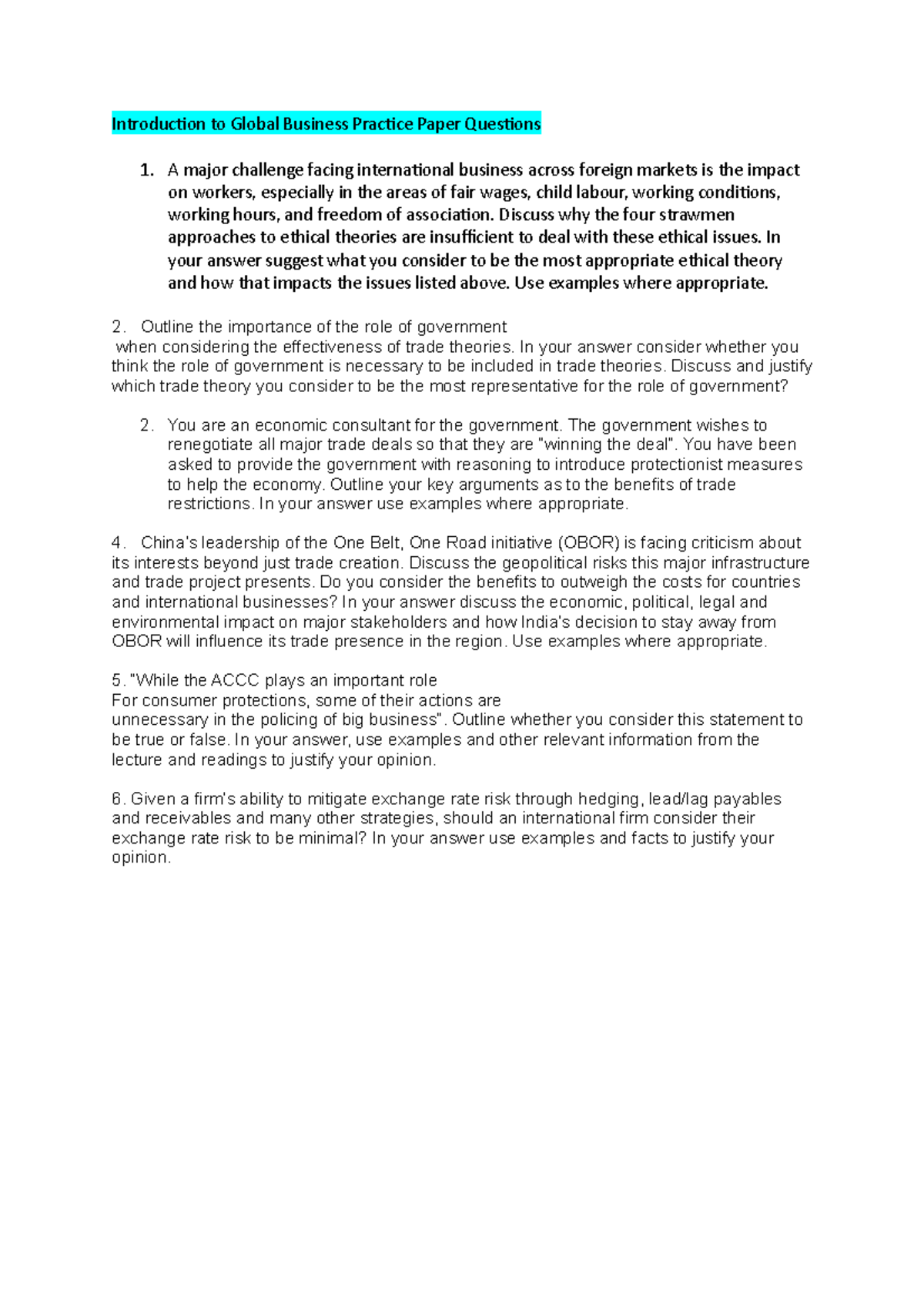 Introduction to Global Business Practice Paper Questions - A major ...