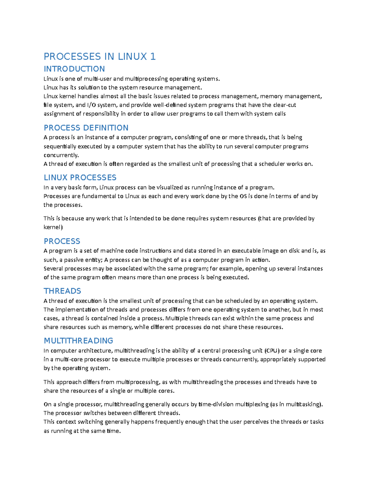 Processes IN Linux 1 - PROCESSES IN LINUX 1 INTRODUCTION Linux is one ...