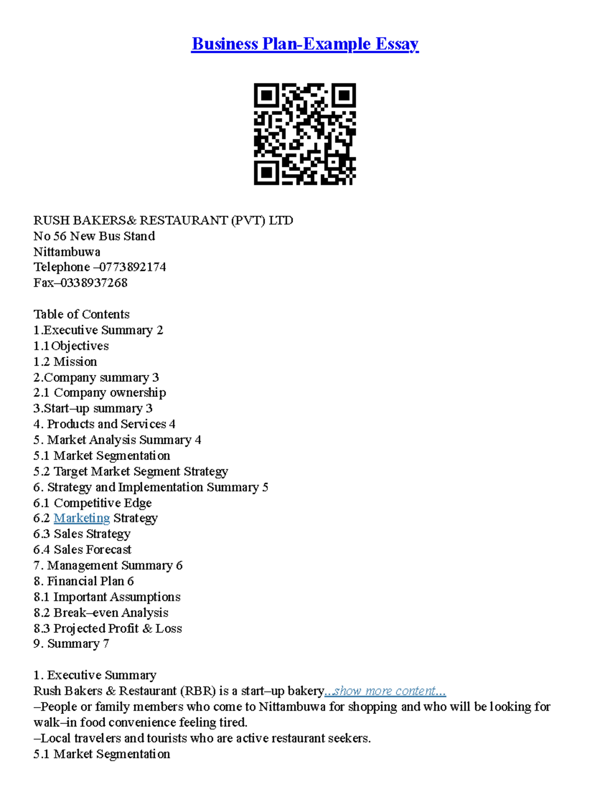 Business Essays Samples - Business Plan-Example Essay RUSH BAKERS ...