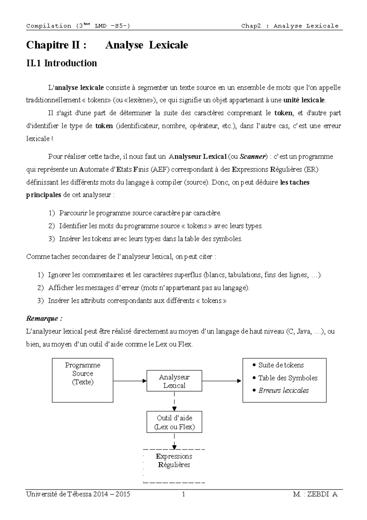 Chap II Analyse Lexicale - Chapitre II : Analyse Lexicale II Introduction L'analyse lexicale ...