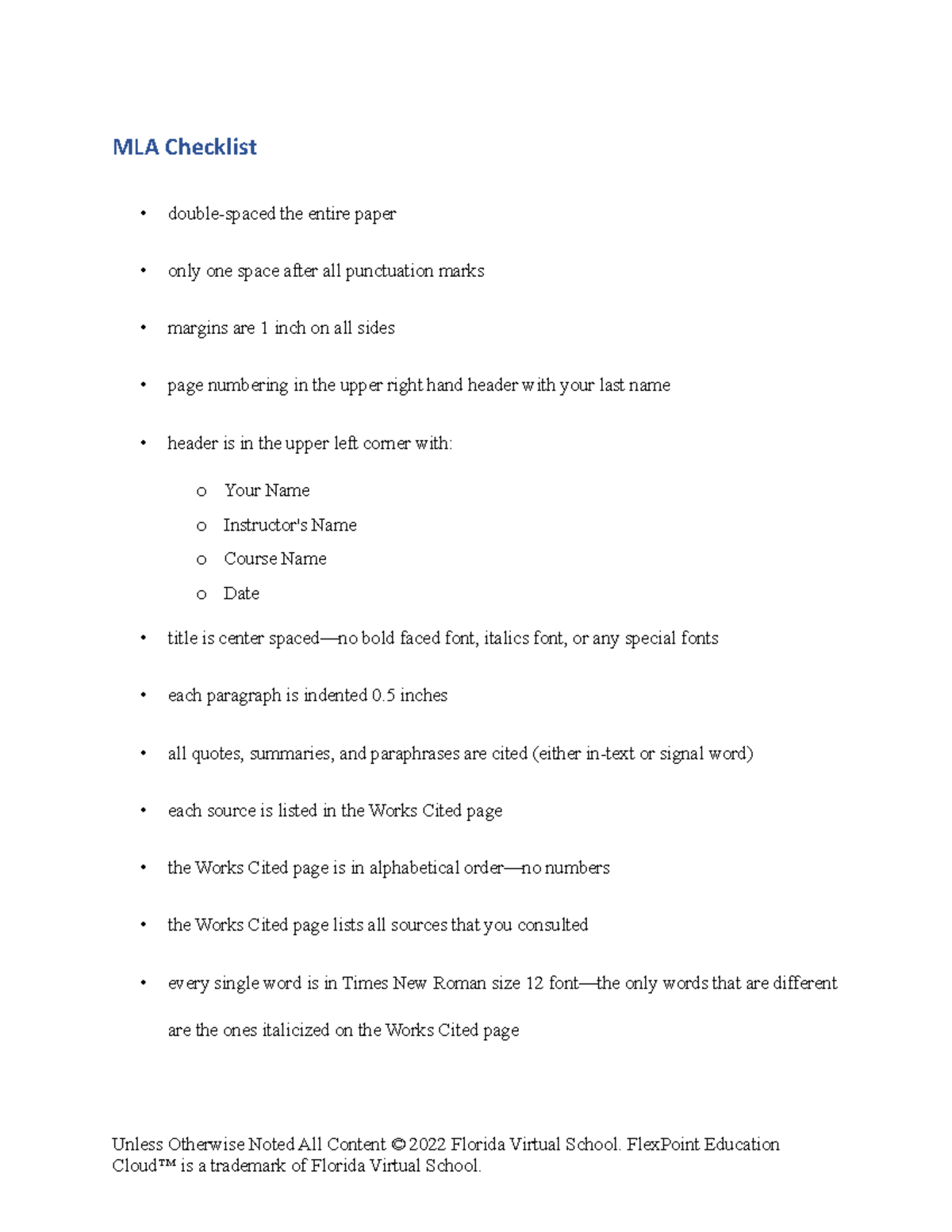 Copy of 3.08 MLA Checklist - MLA Checklist double-spaced the entire ...