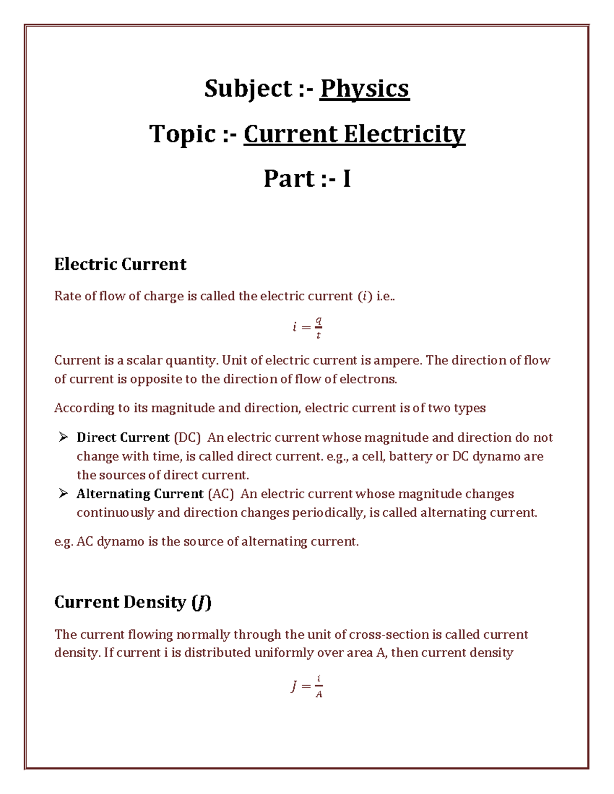 Current Electricity part1 class notes - Subject :- Physics Topic ...
