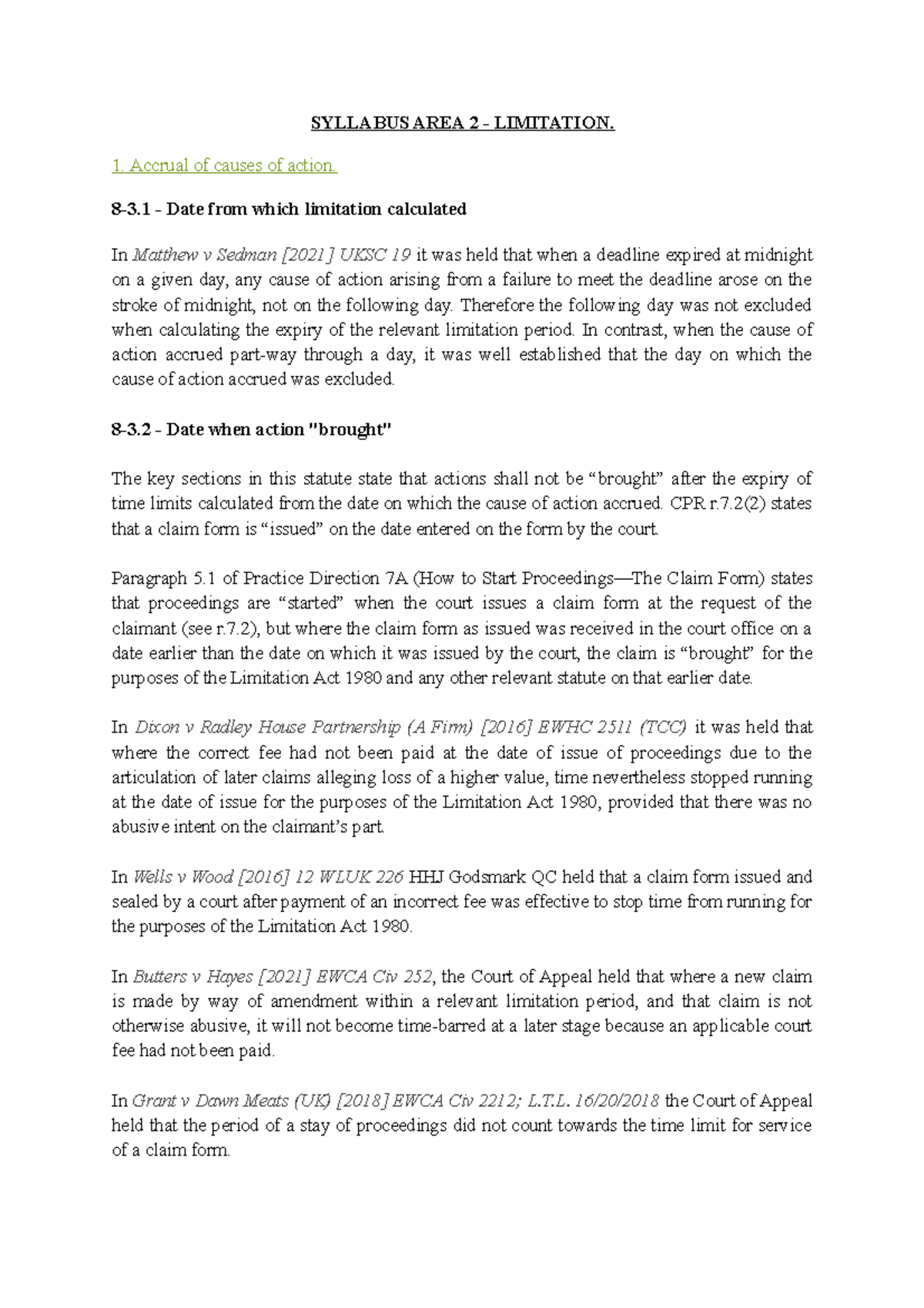 Syllabus AREA 2 - Civil Litigation - SYLLABUS AREA 2 - LIMITATION ...