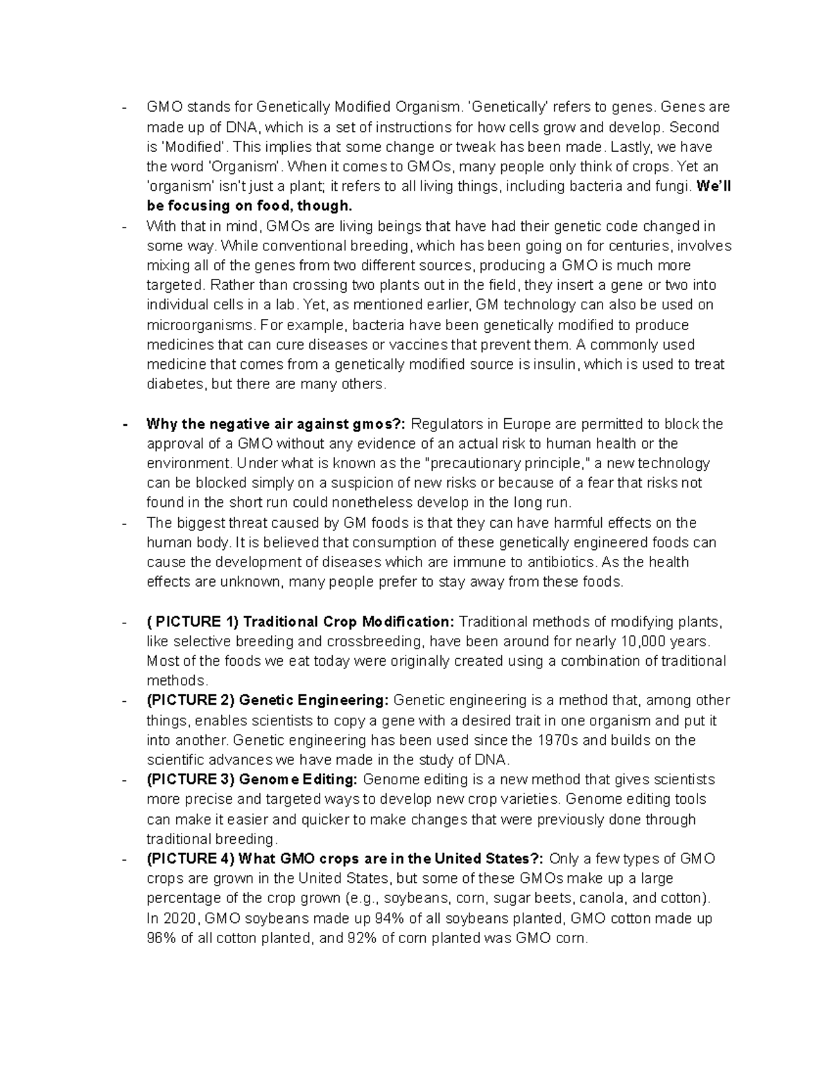 Biotechnology GMOs Outline - GMO stands for Genetically Modified ...