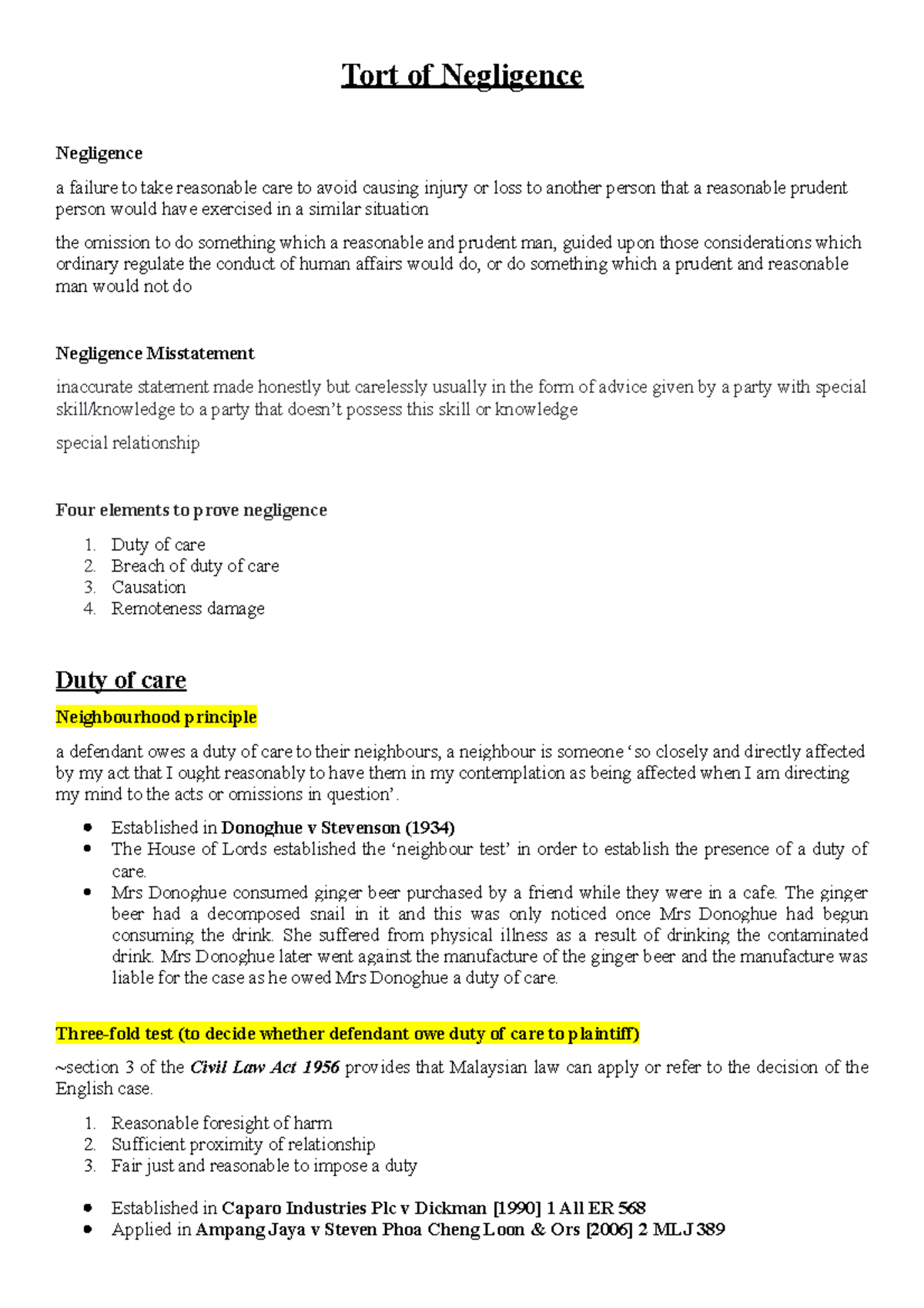BTW1042-Notes (Tort of Negligence) - Tort of Negligence Negligence a ...