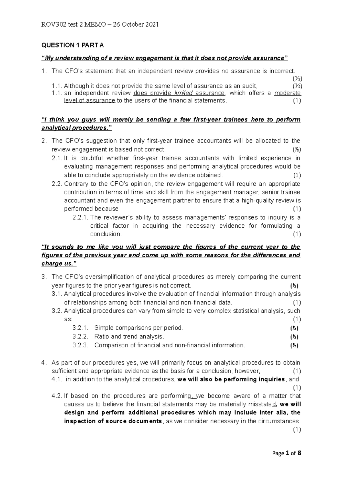 ROV302 Test 2 Memo 2021 practice material - QUESTION 1 PART A “My ...