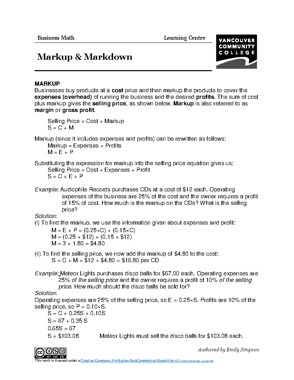8 Markup and Markdown - Authored by Emily Simpson Business Math ...