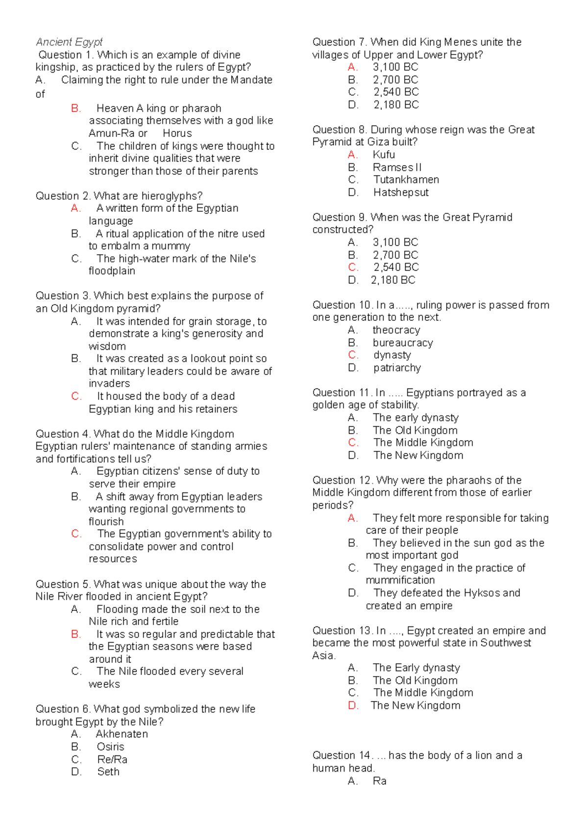 WCH Mid Term Revision Ancient Egypt Question 1 Which Is An Example