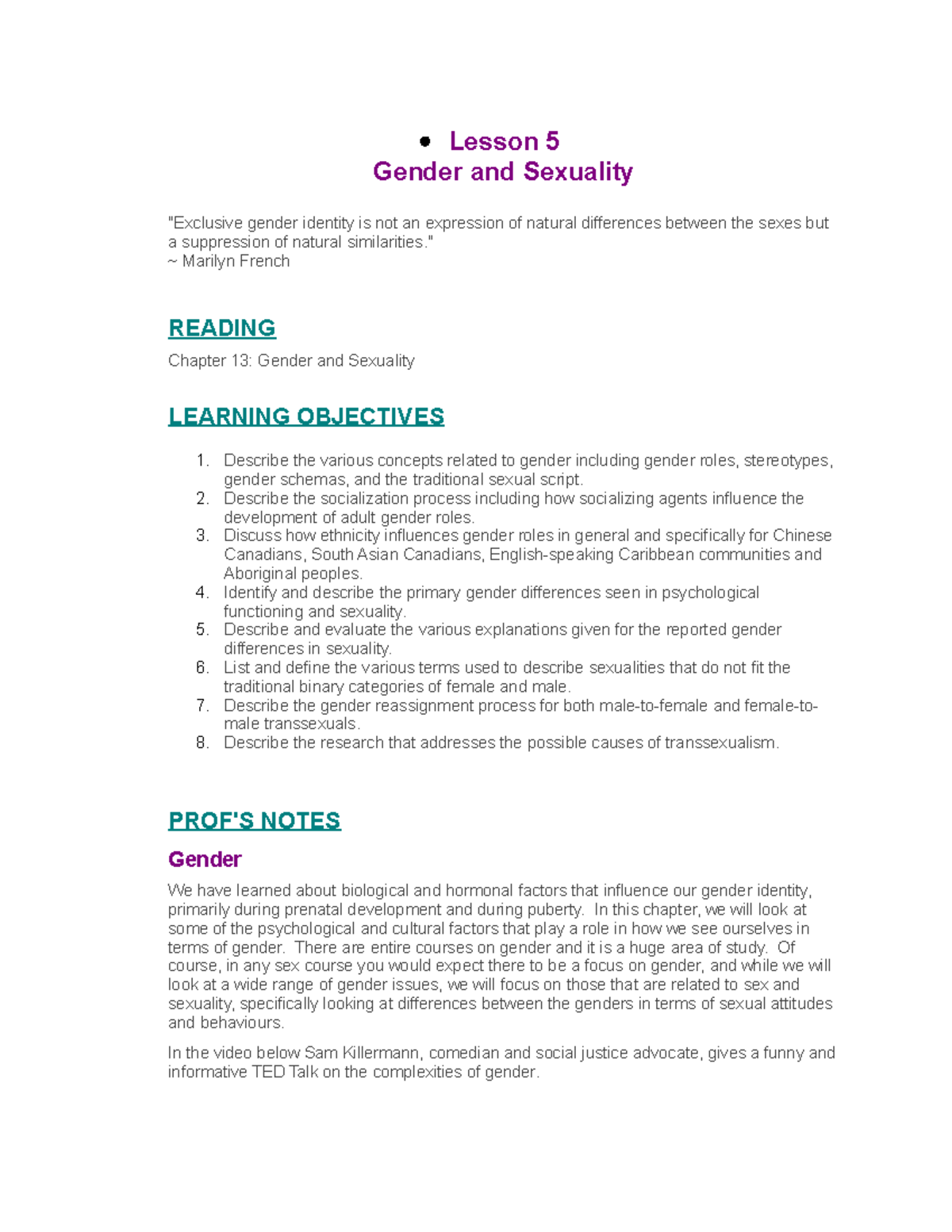 Chapter 5 - Lesson 5 Gender and Sexuality "Exclusive gender identity is ...