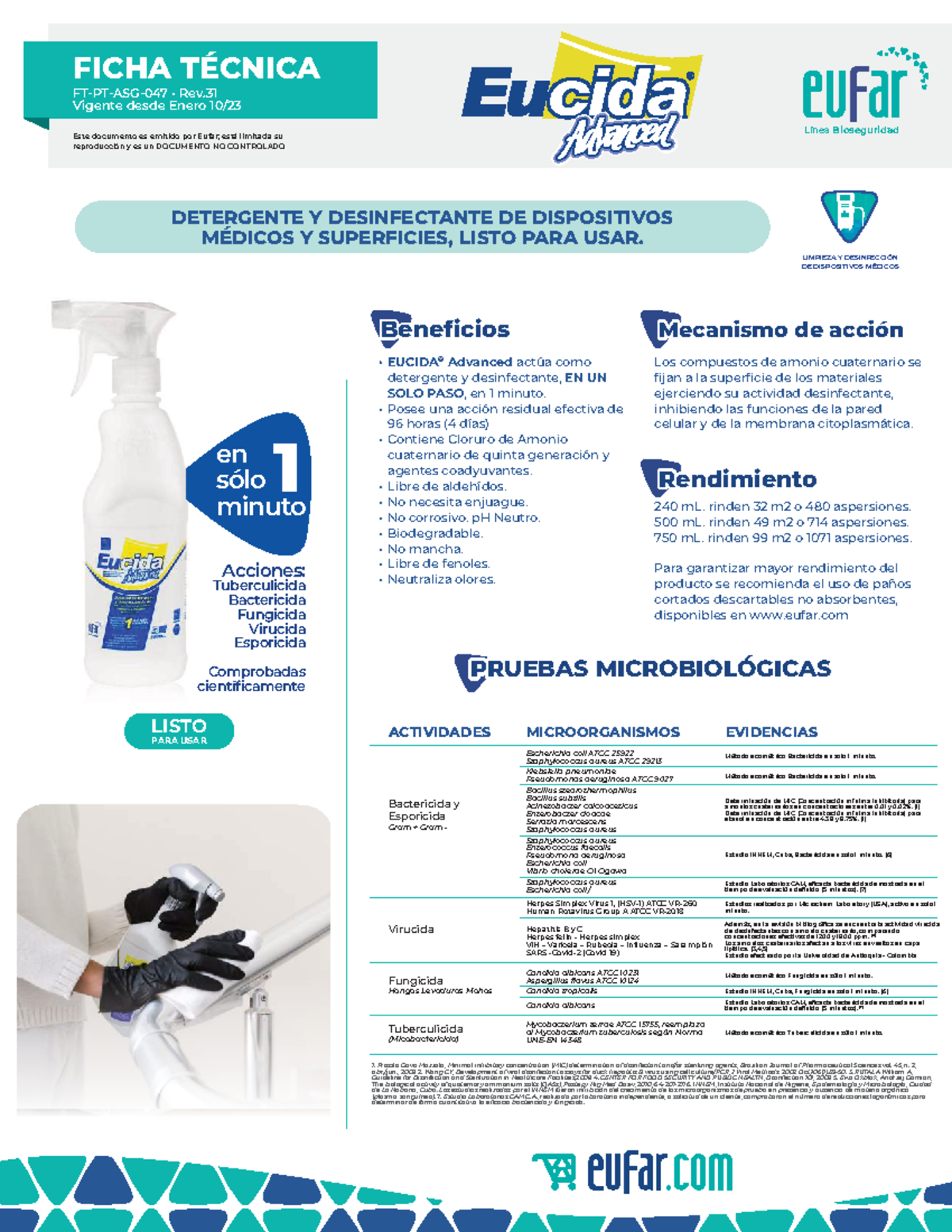 Ficha Tecnica Eucida Advanced - Línea Bioseguridad Beneficios LIMPIEZA Y DESINFECCIÓN DE - Studocu