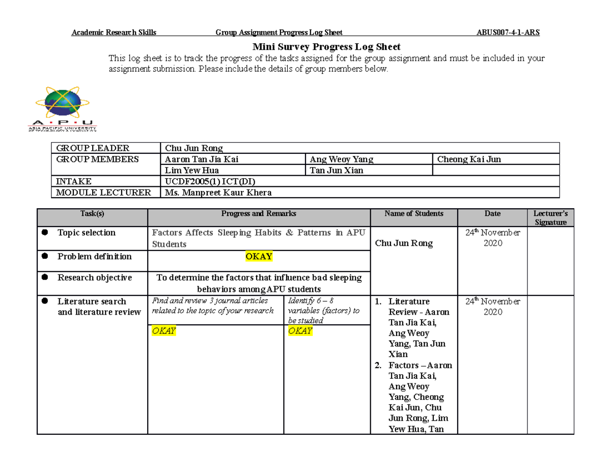 T2 - G1 - ARS Group Assignment - Progress LOG Sheet - Academic Research ...