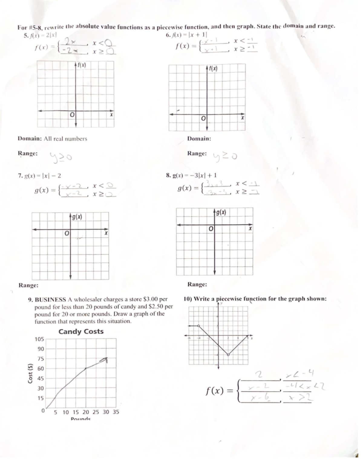 FF#5 Homework Answers - For rewrite the absolute value functions as a piecewise function, and ...
