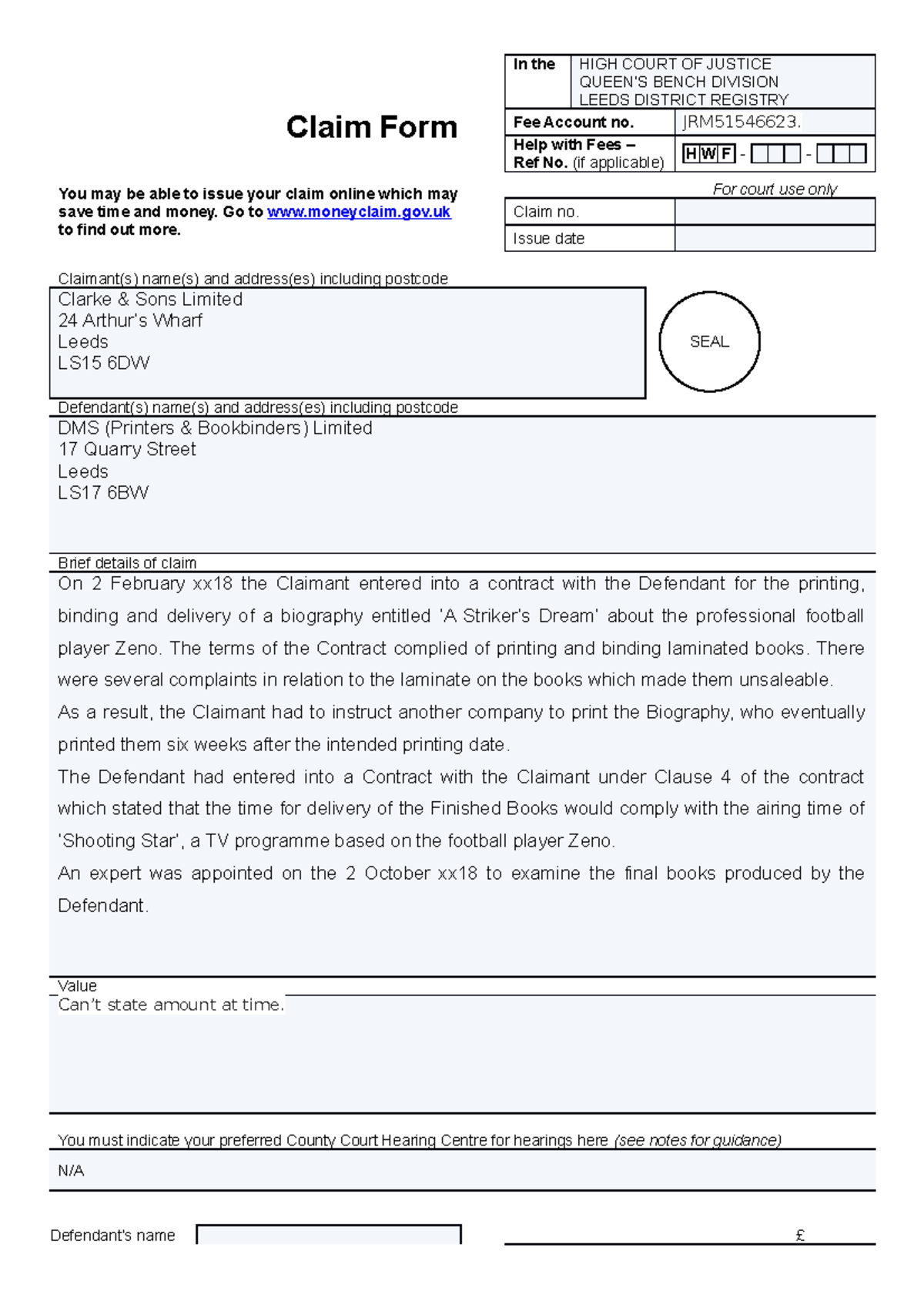 Unit 4 Template Claim Form In The HIGH COURT OF JUSTICE QUEEN S BENCH