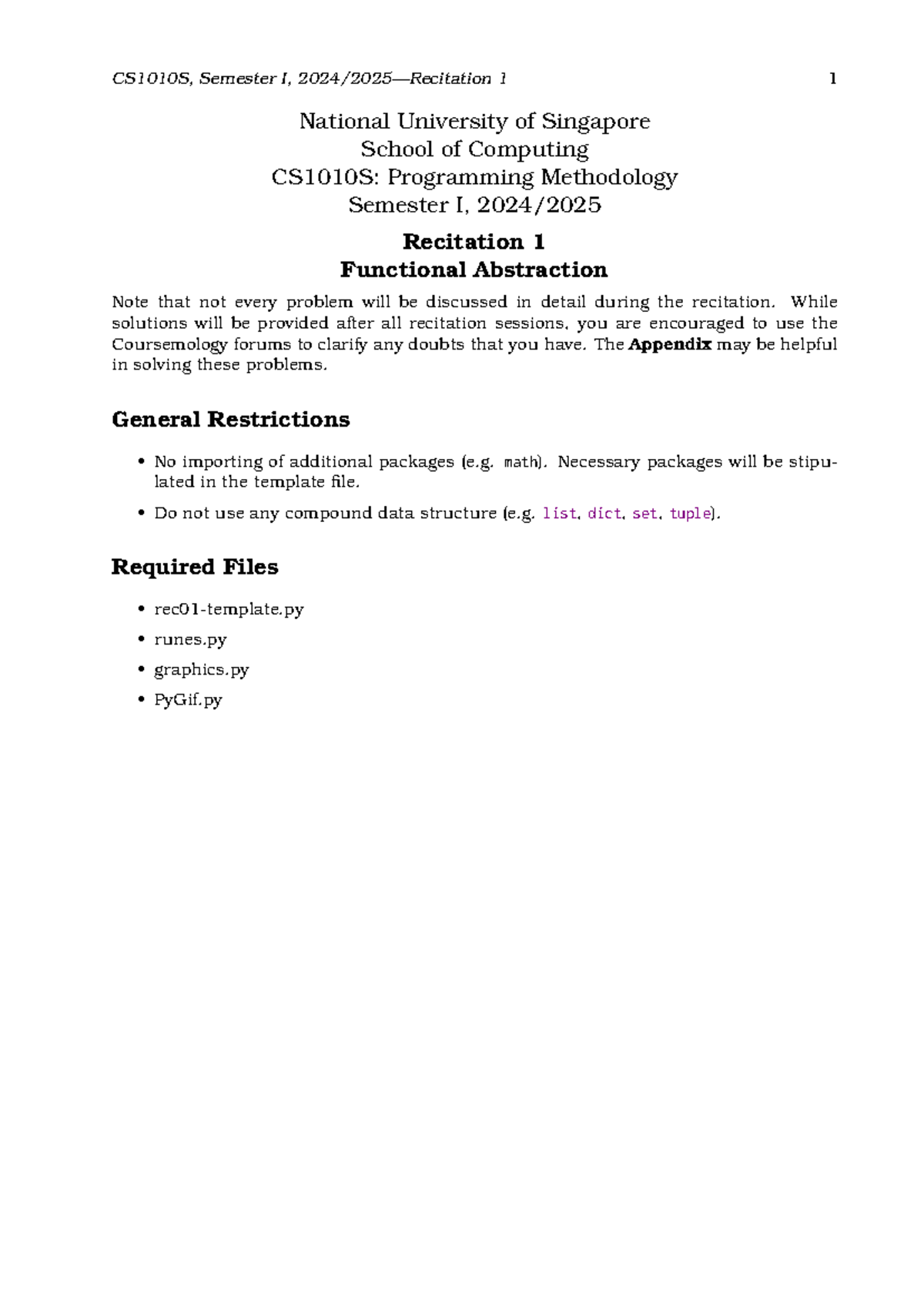Rec01 - nil - National University of Singapore School of Computing CS1010S: Programming ...