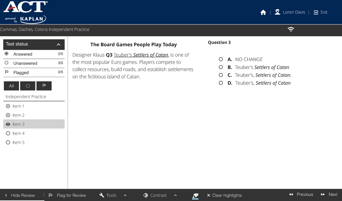 ACT Test Interface - Act test prep - Commas, Dashes, Colons Independent ...