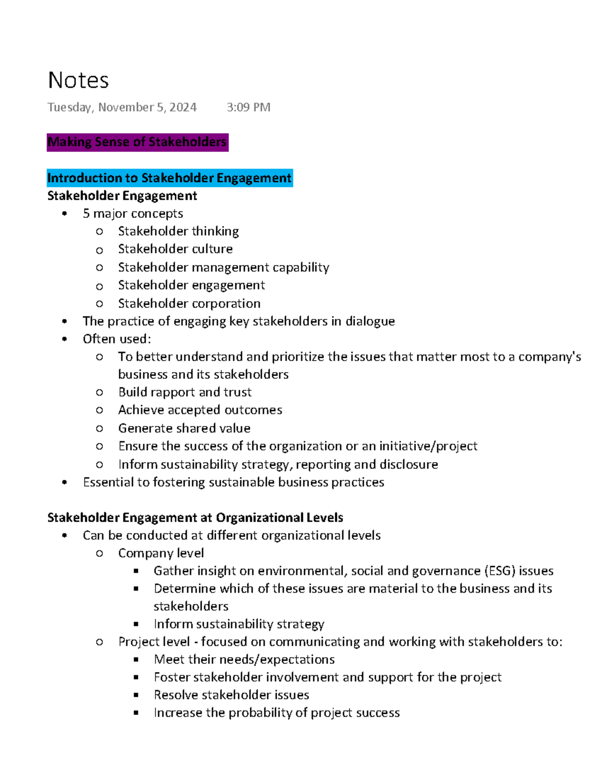 Mana 374 Lesson 3 Notes - Making Sense of Stakeholders Introduction to ...