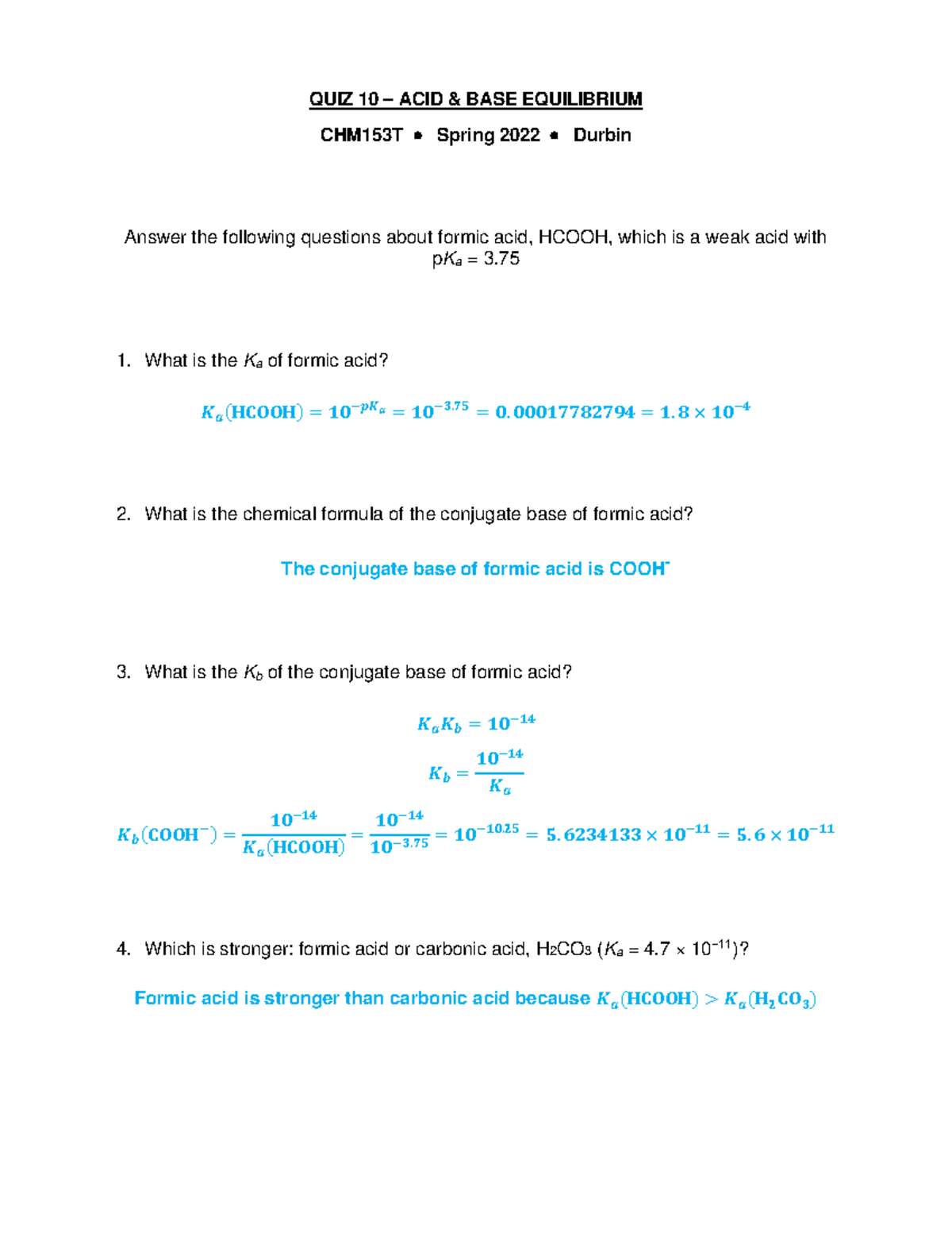 CHM153T-Quiz 10 - Practice - QUIZ 10 – ACID & BASE EQUILIBRIUM CHM153T ...
