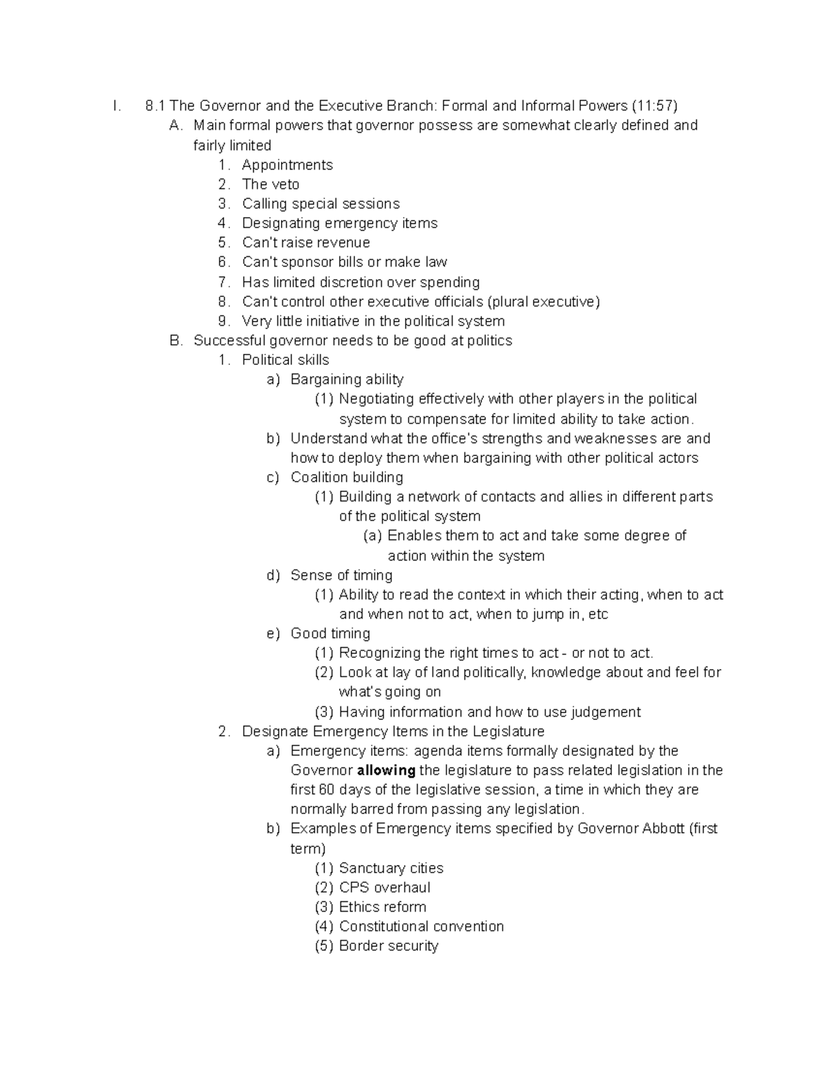GOV 312L Module 8 Notes - I. 8 The Governor and the Executive Branch ...