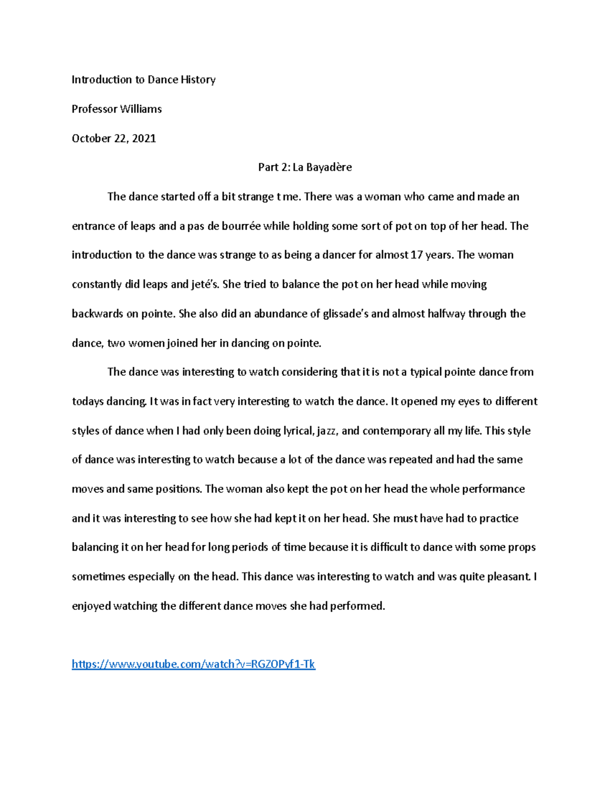 Assignment 8 - Introduction to Dance History Professor Williams October ...