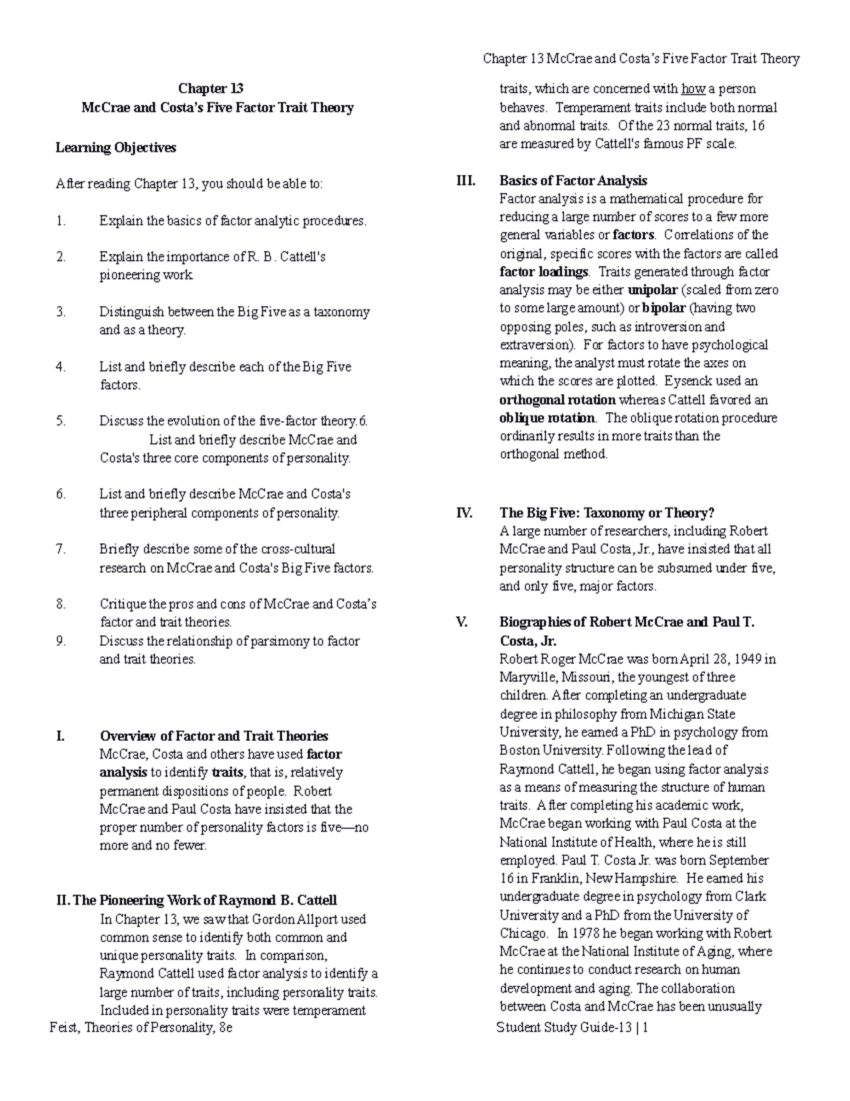 Feist 8e SG ch13 - Theories of Personality Notes - Chapter 13 McCrae ...