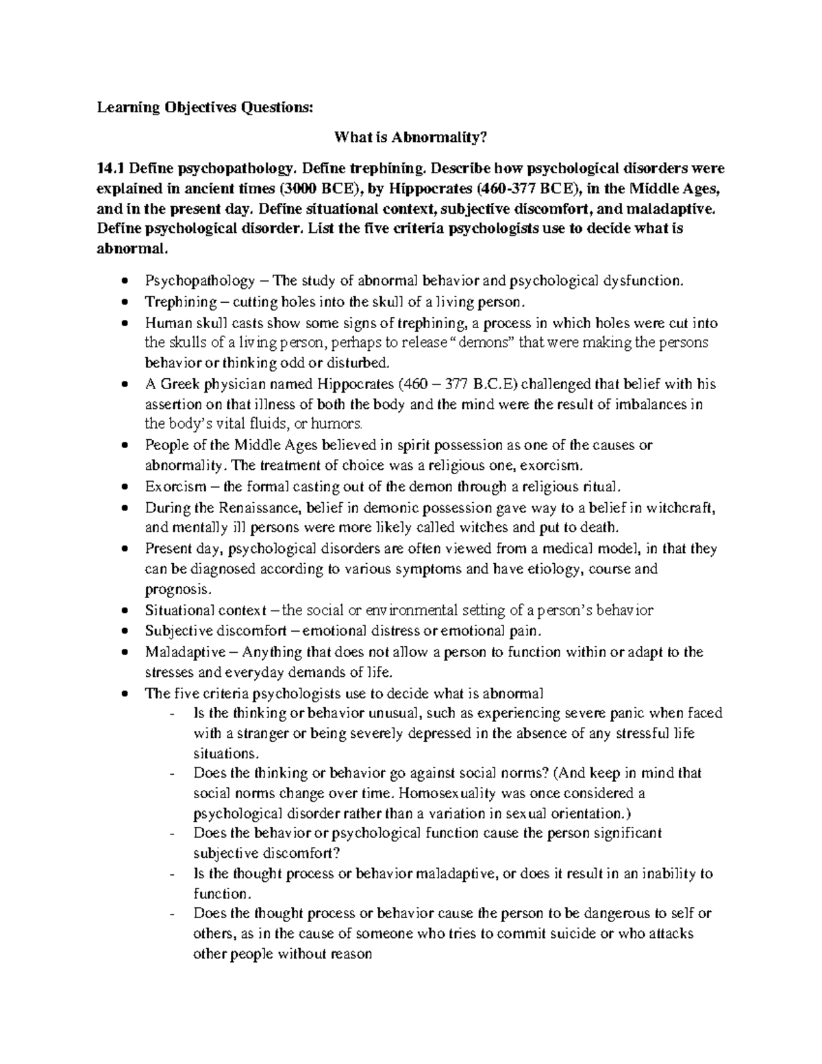 Psy 110 Learning Objectives Questions Chapter 14 Learning Objectives