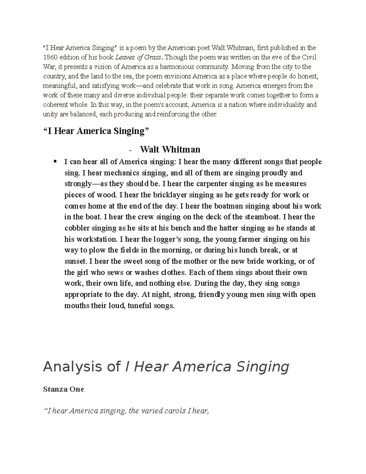 I hear America Singing - "I Hear America Singing" is a poem by the ...
