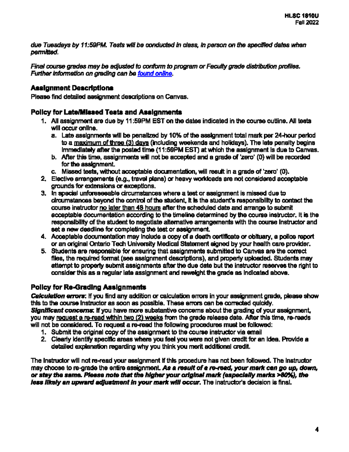 Hlsc Syllabus 4 Intro To Health Hlsc 1810u Fall 2022 Due Tuesdays 11 59pm Tests Will Be