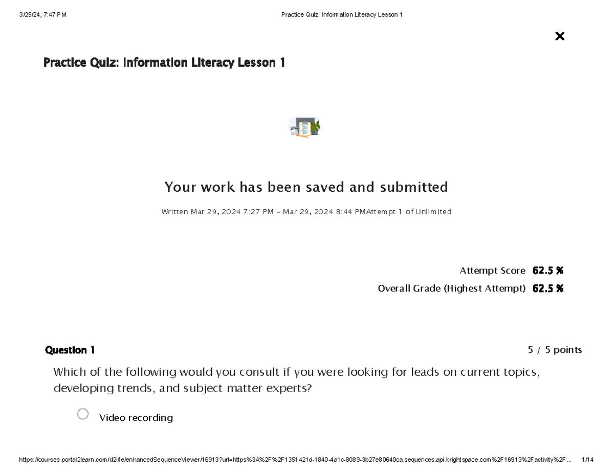 Practice Quiz Information Literacy Lesson 1fg - - Studocu