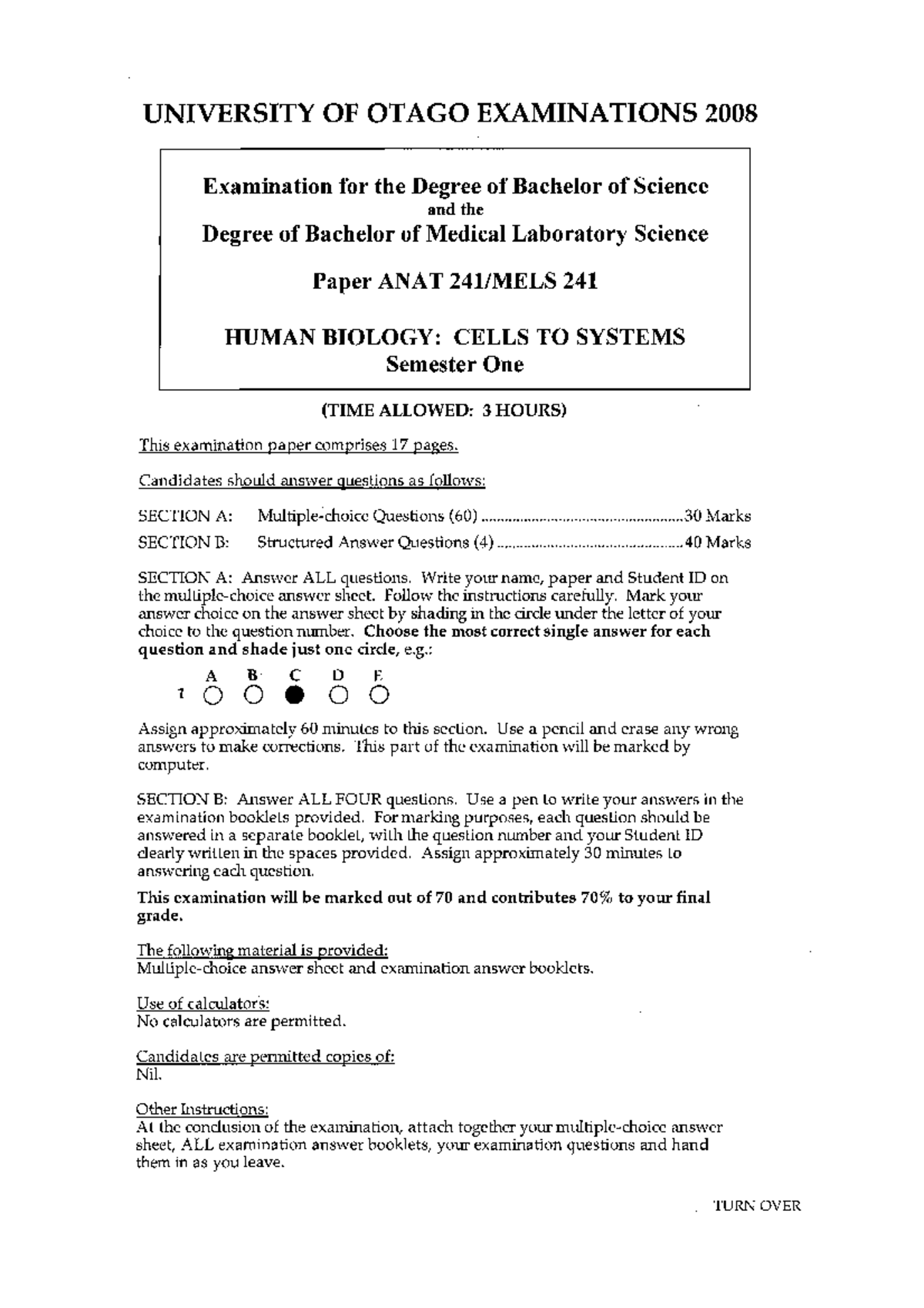Anat241 2008 s1 - Past paper - Human Biology: Cells to Systems - Studocu