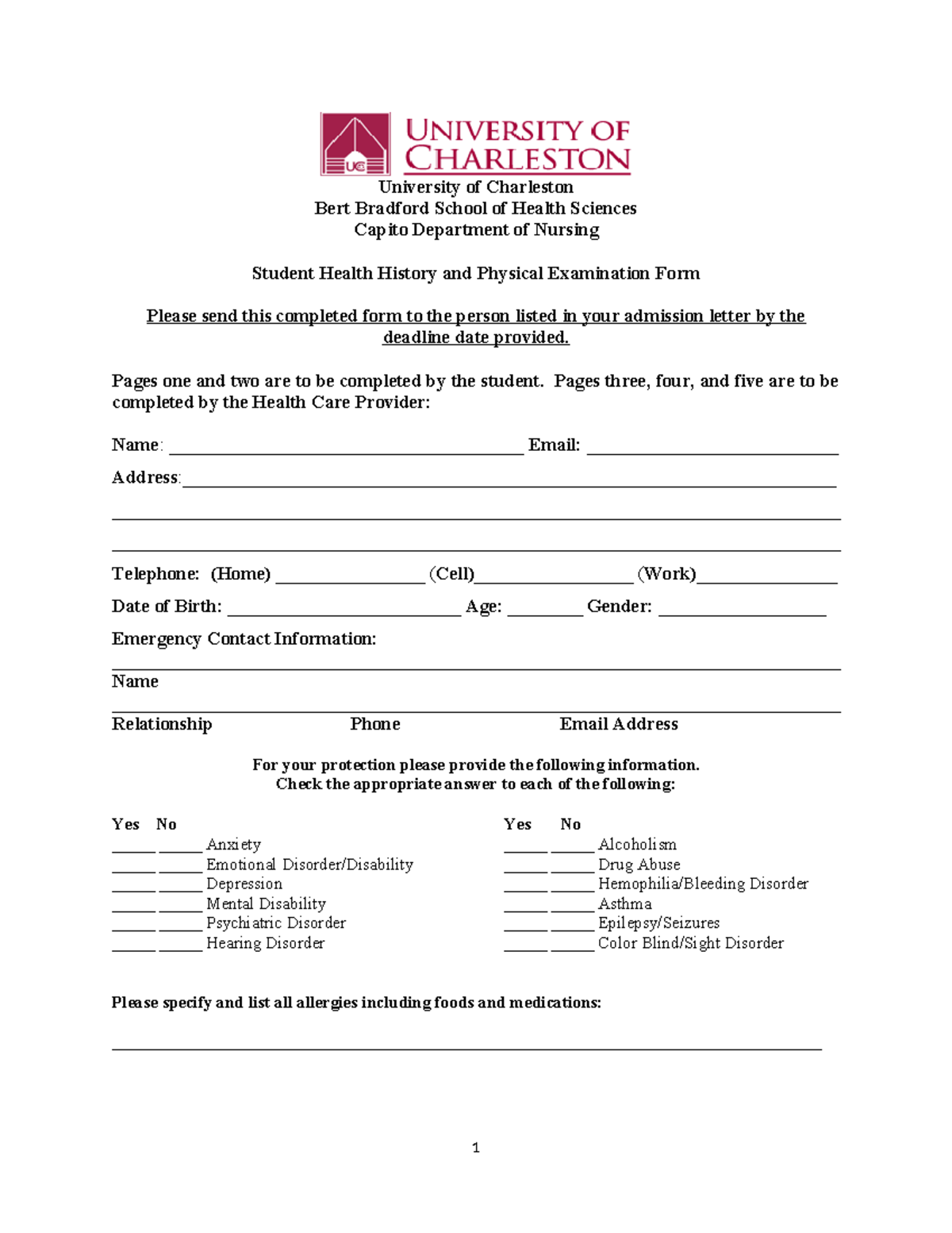 UC 2022 Health Physical Form - University of Charleston Bert Bradford ...