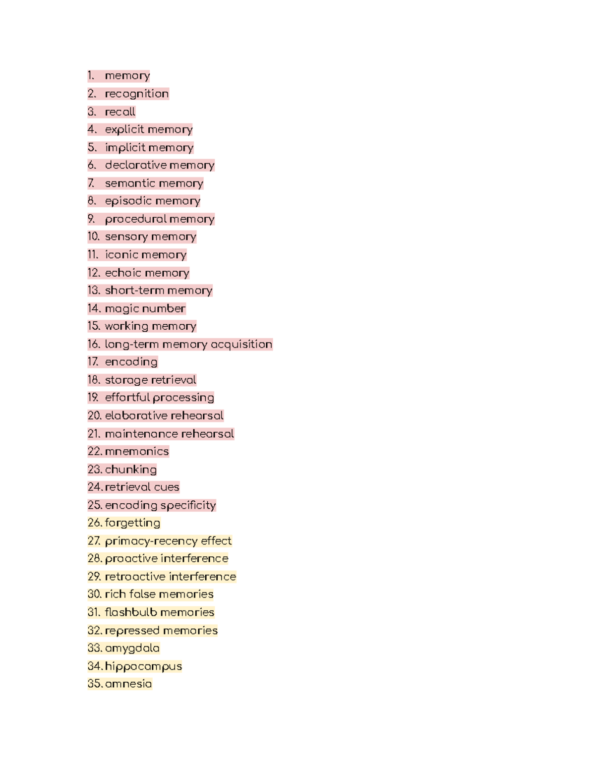 Gen Psych Terms - memory recognition recall explicit memory implicit memory declarative memory ...