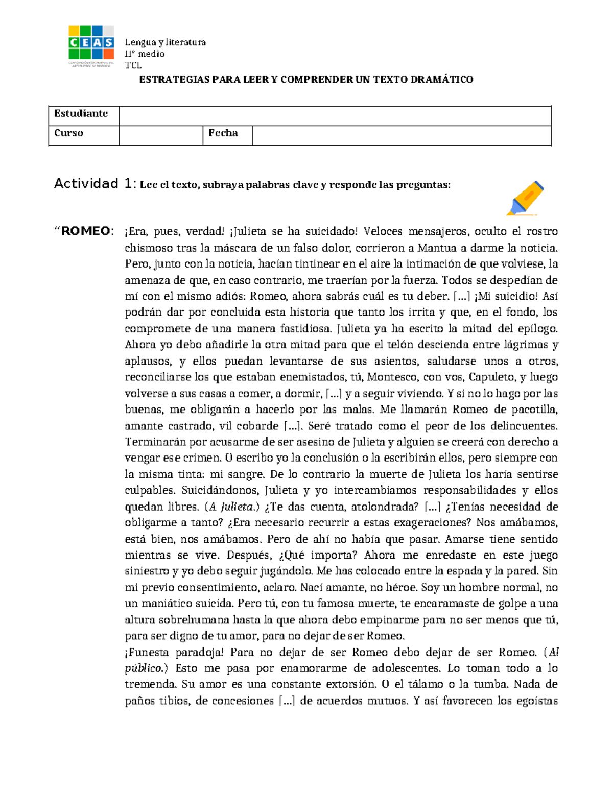 LEN 2M TCL Simce GUÍA N°5 - II° medio TCL ESTRATEGIAS PARA LEER Y COMPRENDER UN TEXTO DRAMÁTICO ...
