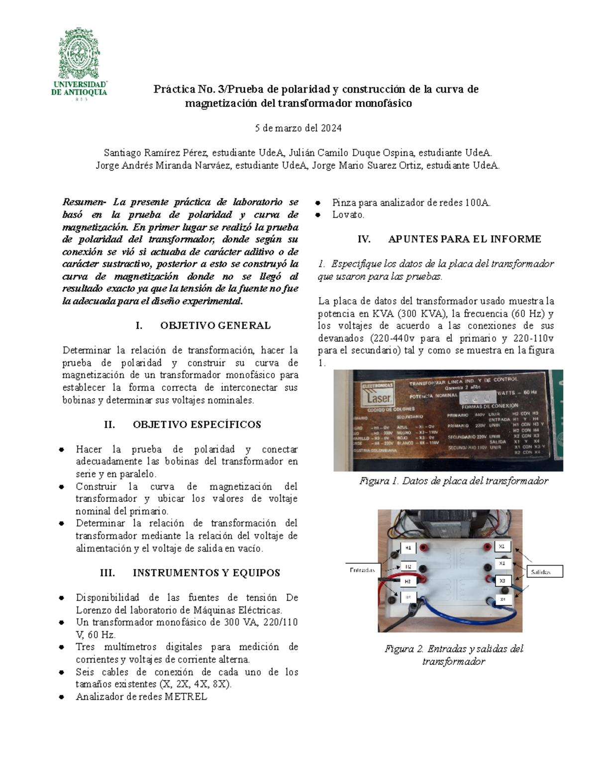 Informe 3 Laboratorio Máquinas Eléctricas I - Práctica No. 3/Prueba de polaridad y construcción ...