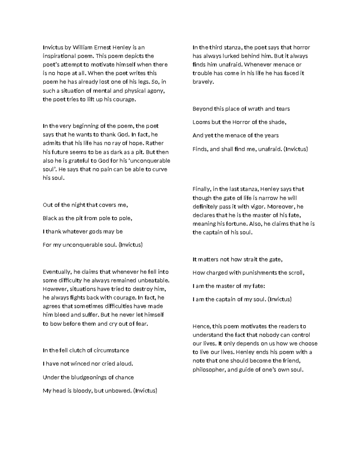 Invictus by William Ernest Henley is an inspirational poem - This poem ...