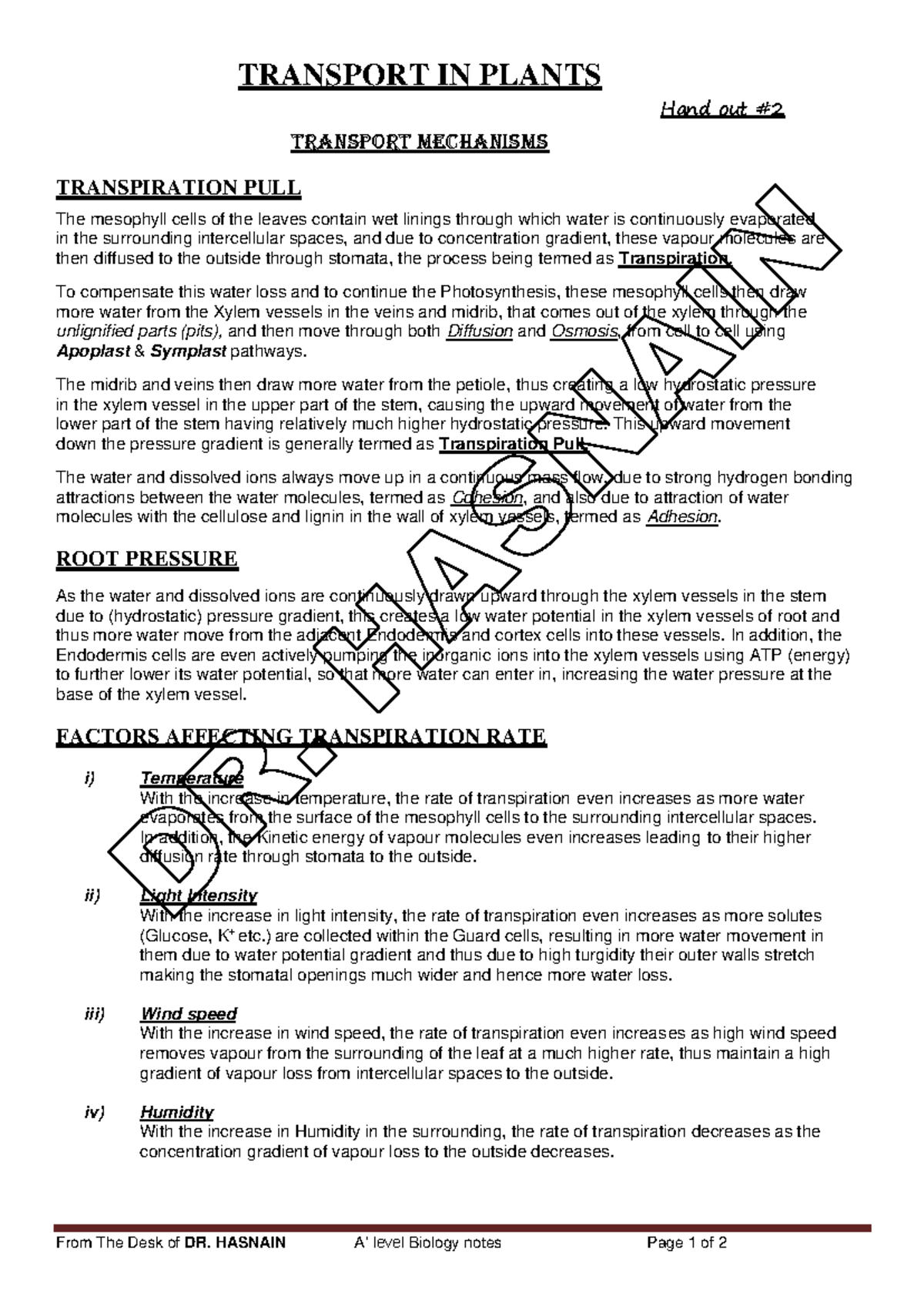 Transport in Plants - From The Desk of DR. HASNAIN A’ level Biology ...