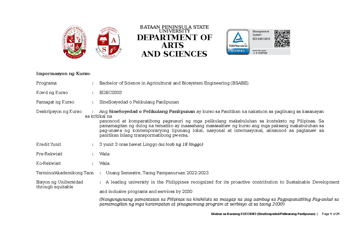 Bsabe- Sinesos- Silabus - Impormasyon ng Kurso: Programa : Bachelor of ...