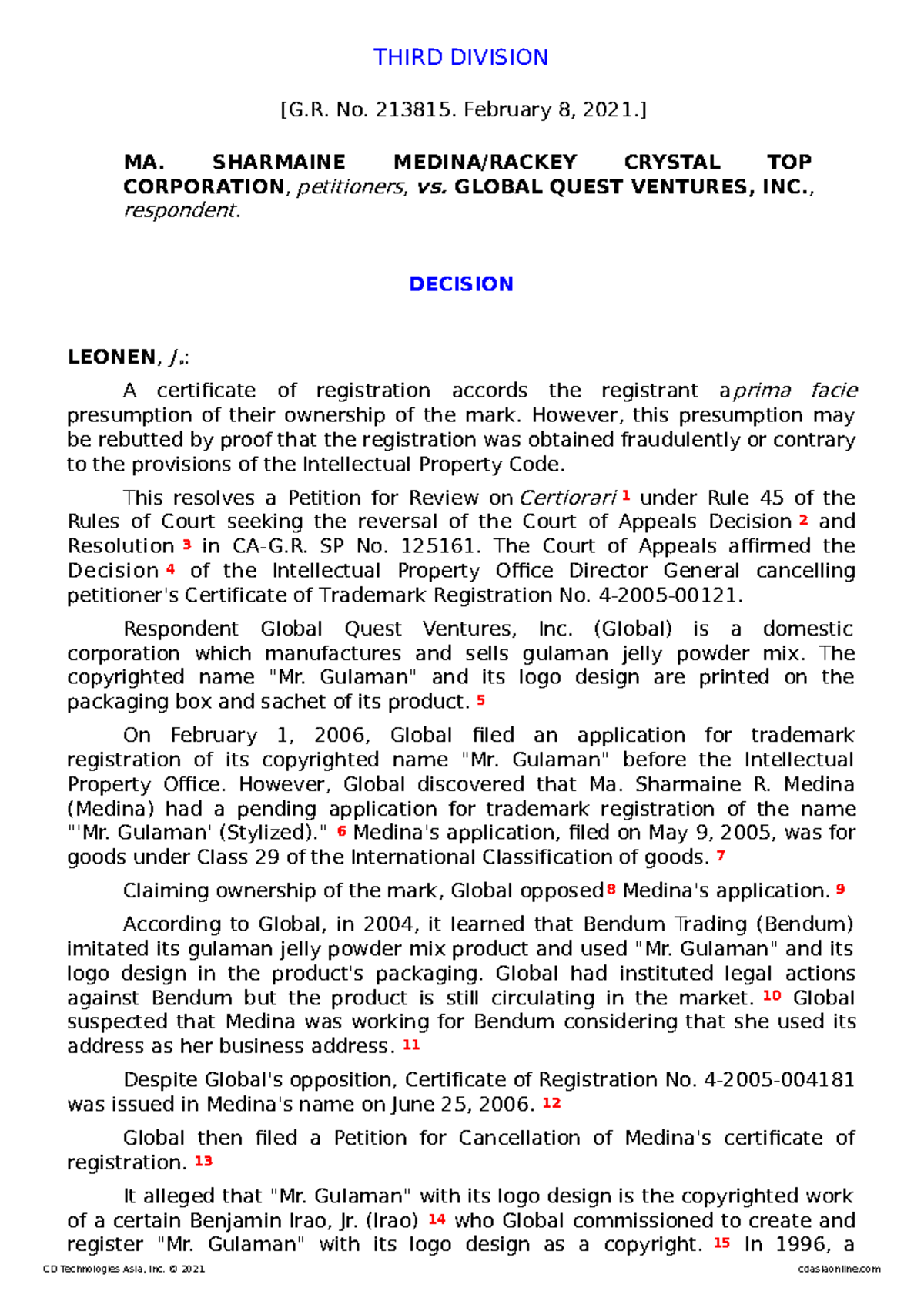 E7. Medina v. Global Quest Ventures, Inc - THIRD DIVISION [G. No ...