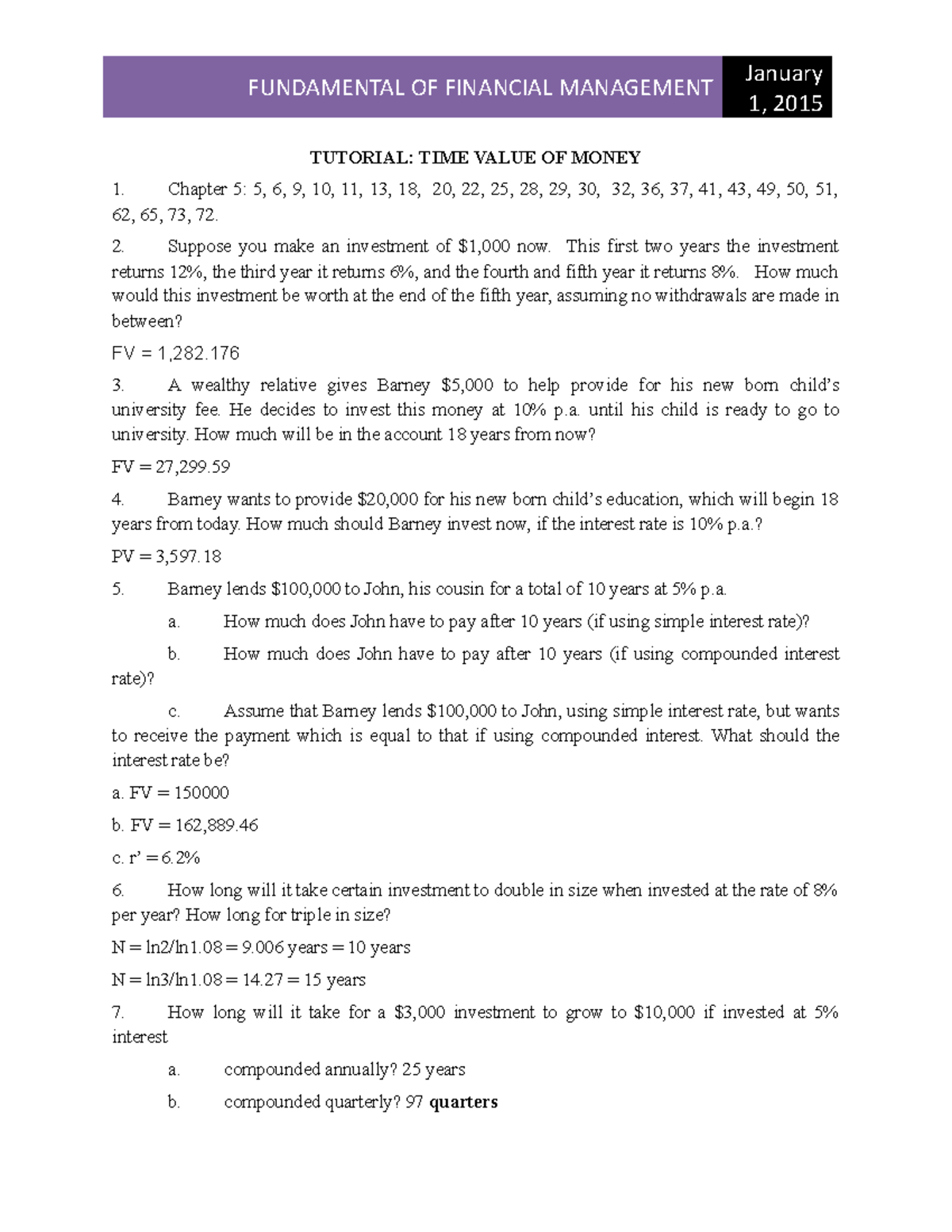 TVM (solution) - TA Materials - TUTORIAL: TIME VALUE OF MONEY Chapter 5 ...