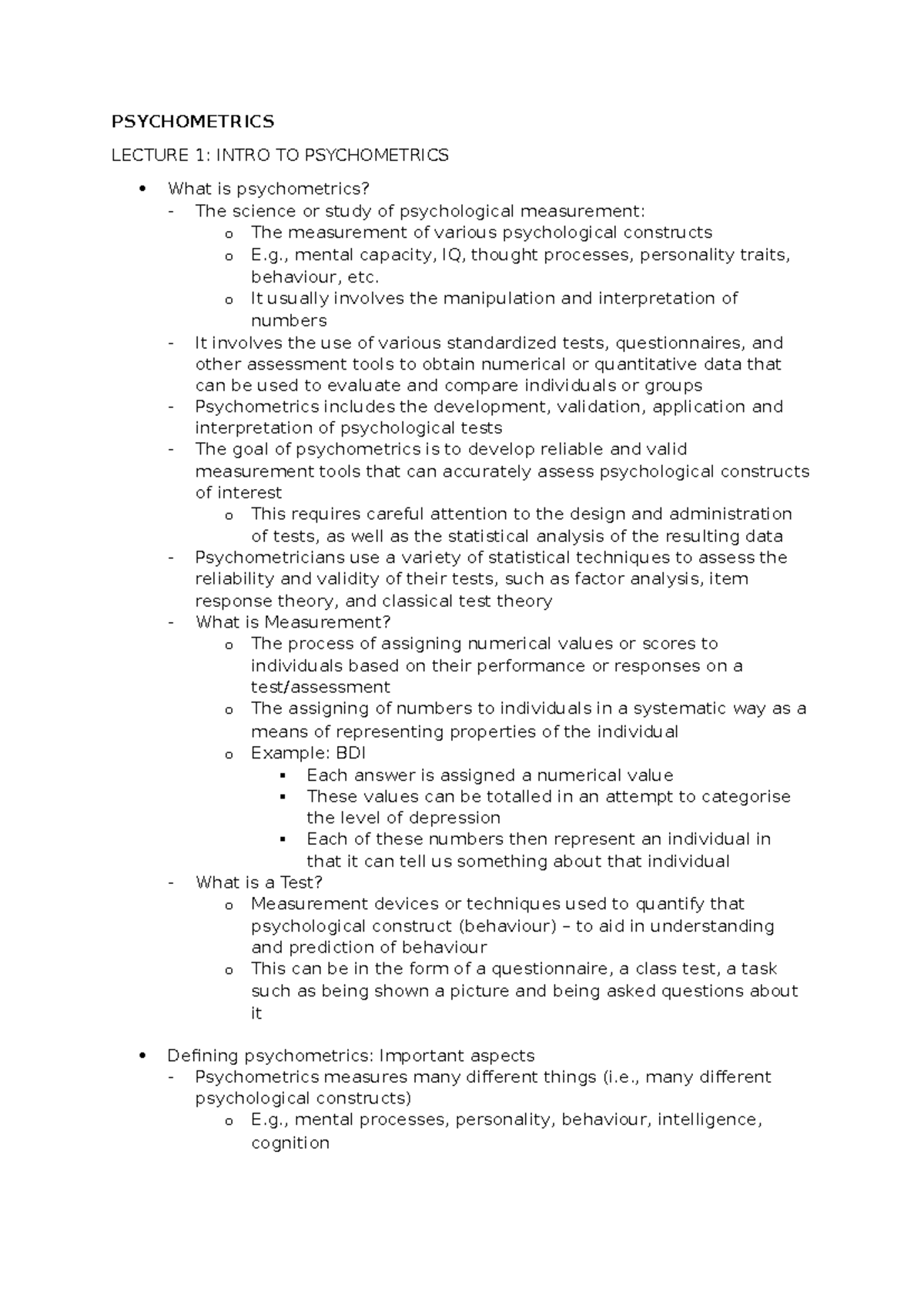 Psychometrics - PSYCHOMETRICS LECTURE 1: INTRO TO PSYCHOMETRICS What is psychometrics? - The ...