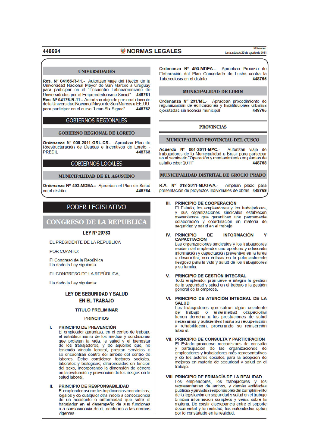 Ley 29783 de Seguridad y Salud en el Trabajo - Gestión de la Seguridad ...